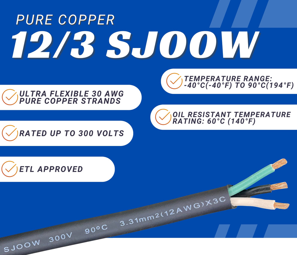 12/3 SJOOW Cable Cord Wire - 12 Gauge 12 AWG 3 Conductor 300V Portable ...