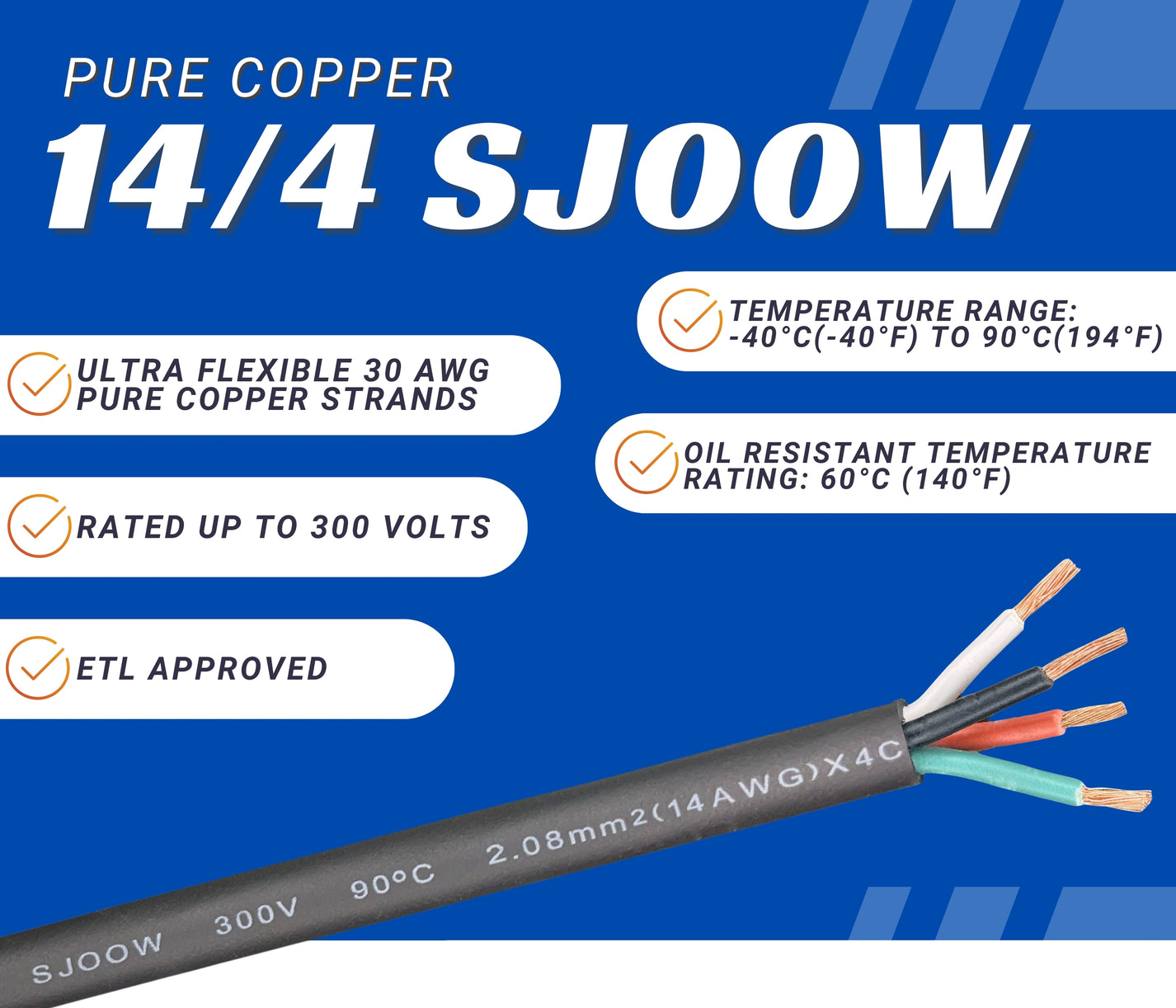 14/4 SJOOW Cable Cord Wire - 14 Gauge 14 AWG 4 Conductor 300V Portable ...