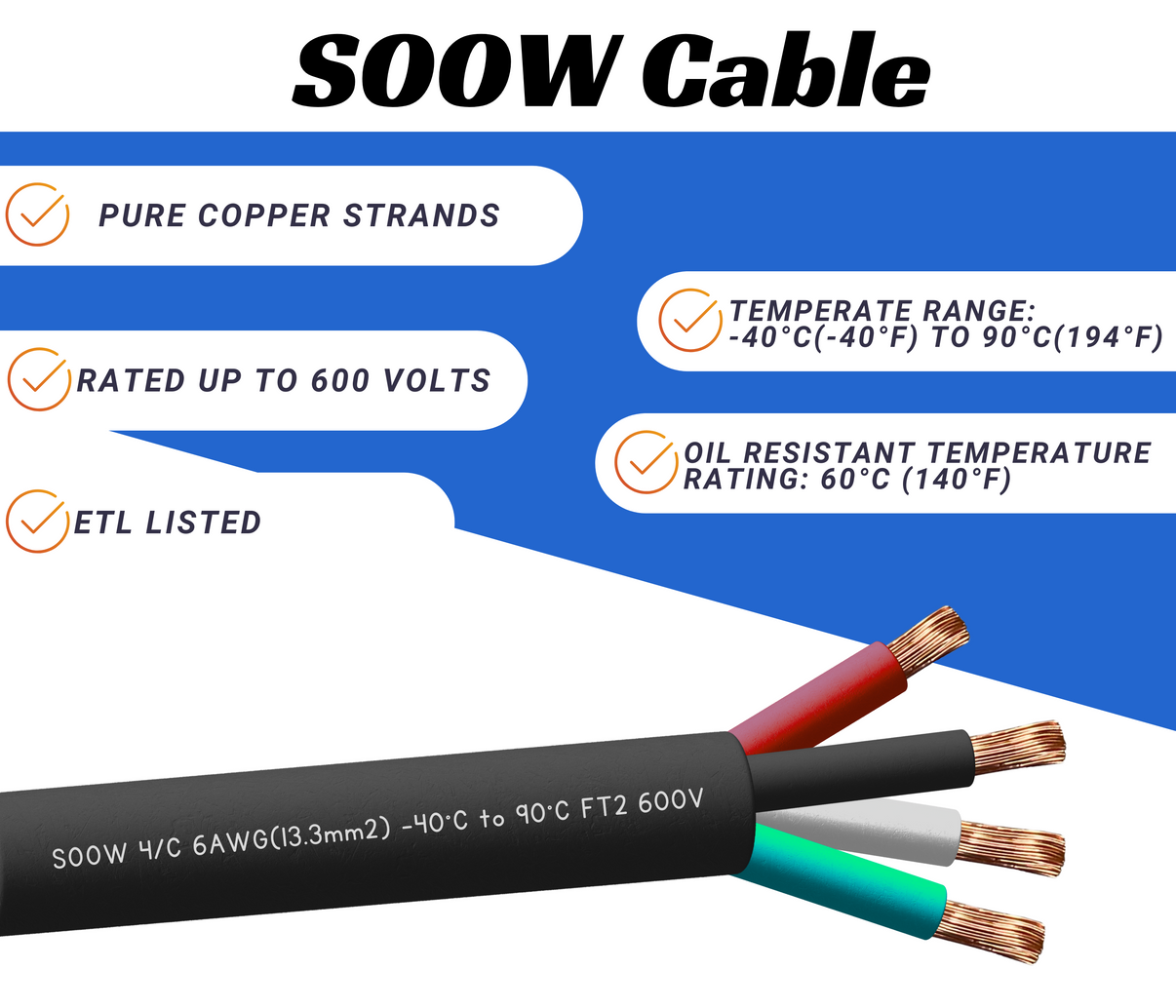 6/4 SOOW Cable Cord Wire - 6 Gauge 6 AWG 4 Conductor 600V Portable Pow ...
